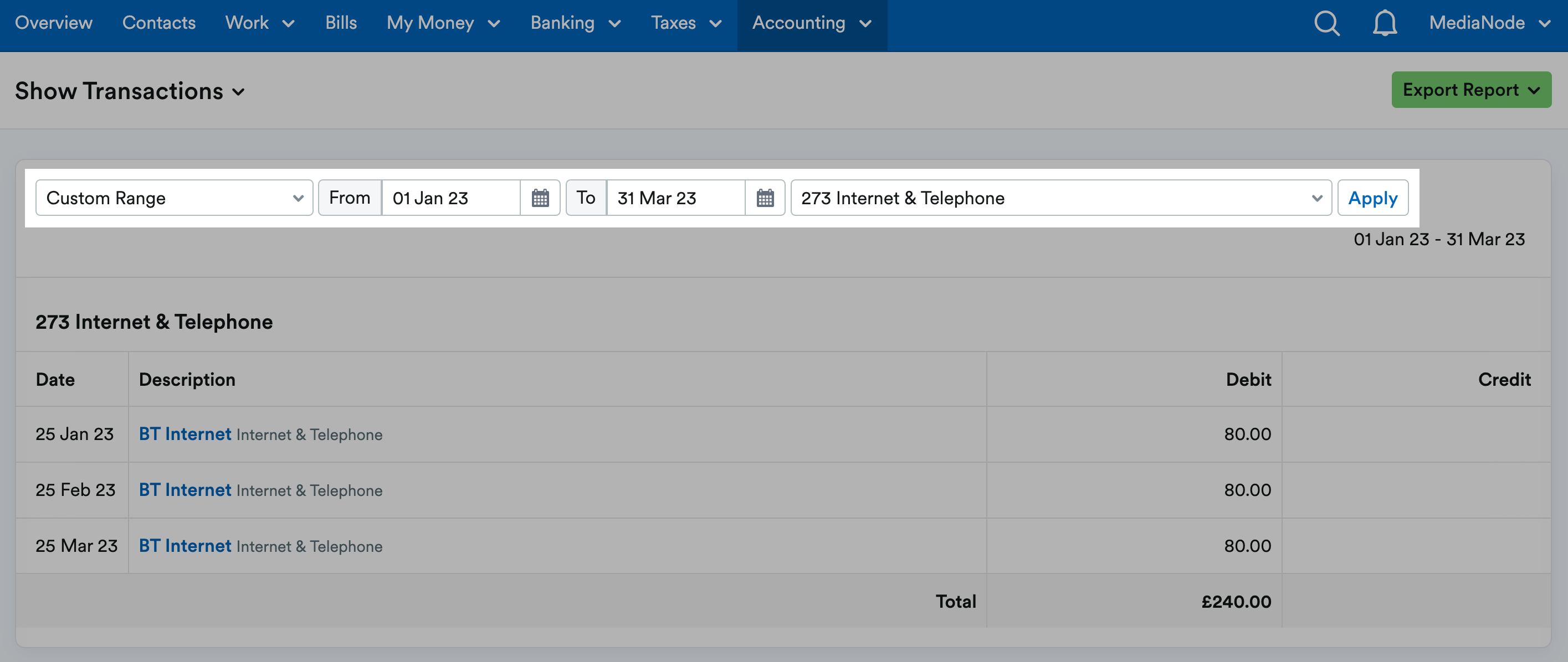 Show Transactions report – FreeAgent