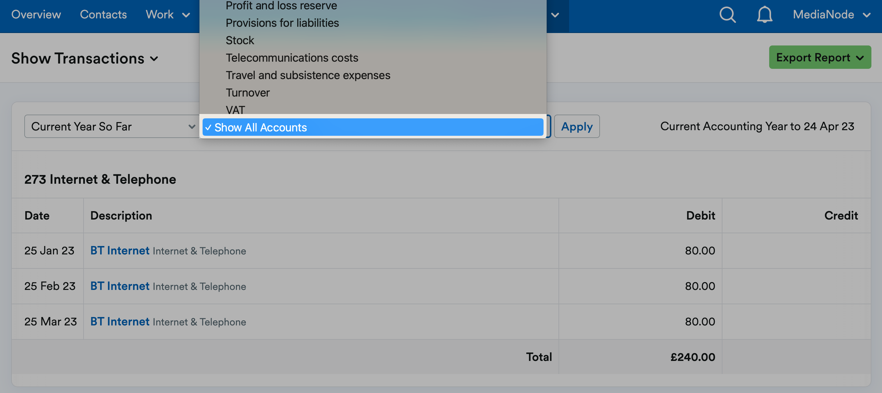 Show Transactions report – FreeAgent
