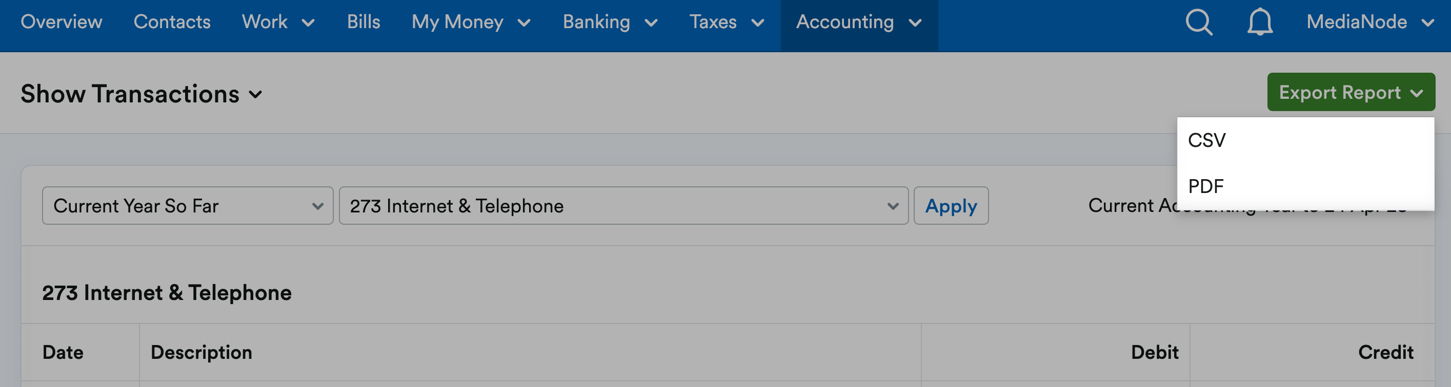 Show Transactions report – FreeAgent