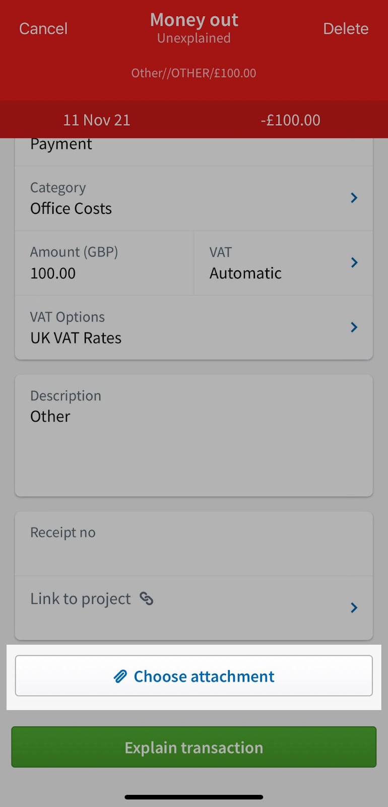 Attach an image file to an out-of-pocket expense, bill or bank transaction on mobile – FreeAgent