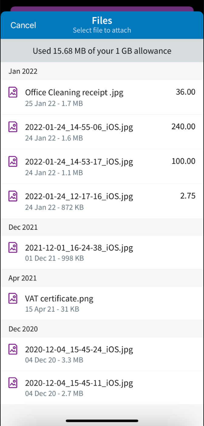 Attach an image file to an out-of-pocket expense, bill or bank transaction on mobile – FreeAgent