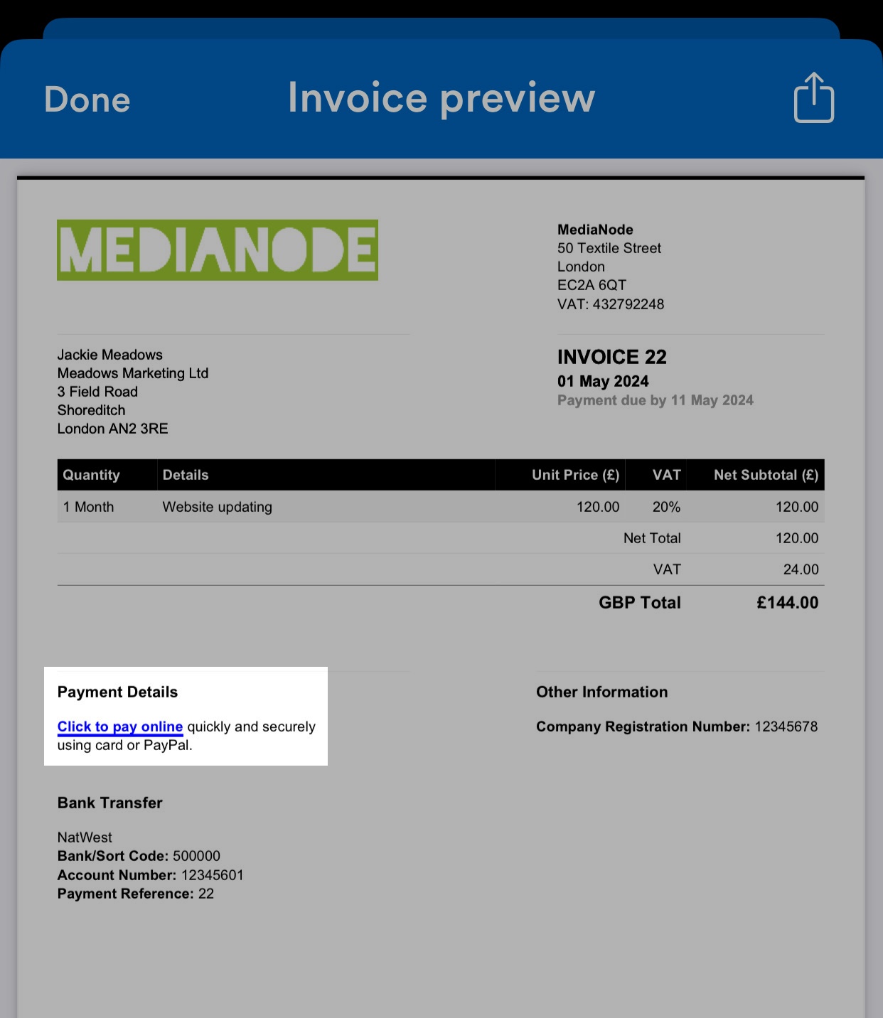 Adding a payment link to your invoices on mobile – FreeAgent