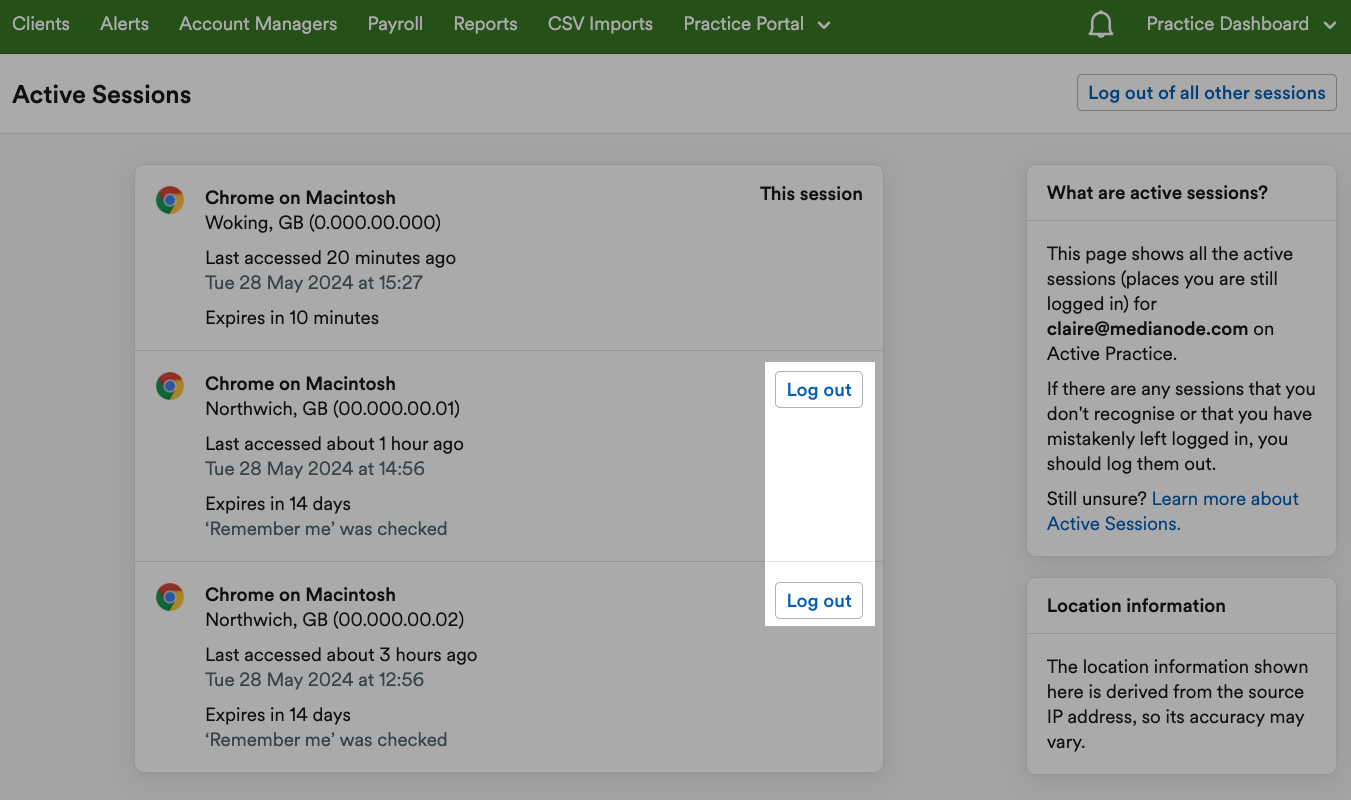 View and manage active sessions on your Practice Dashboard – FreeAgent