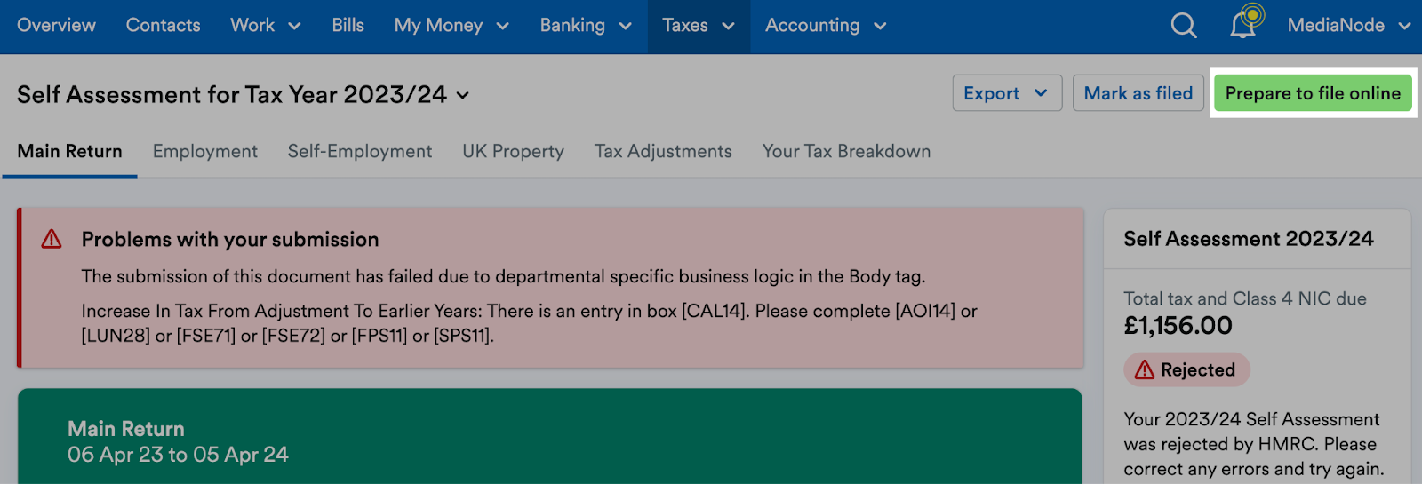 Self Assessment error message: problems with your submission – FreeAgent