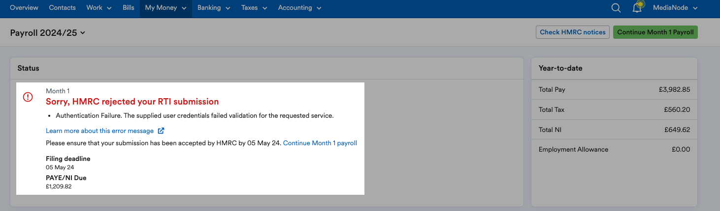 Payroll error message: authentication failure – FreeAgent