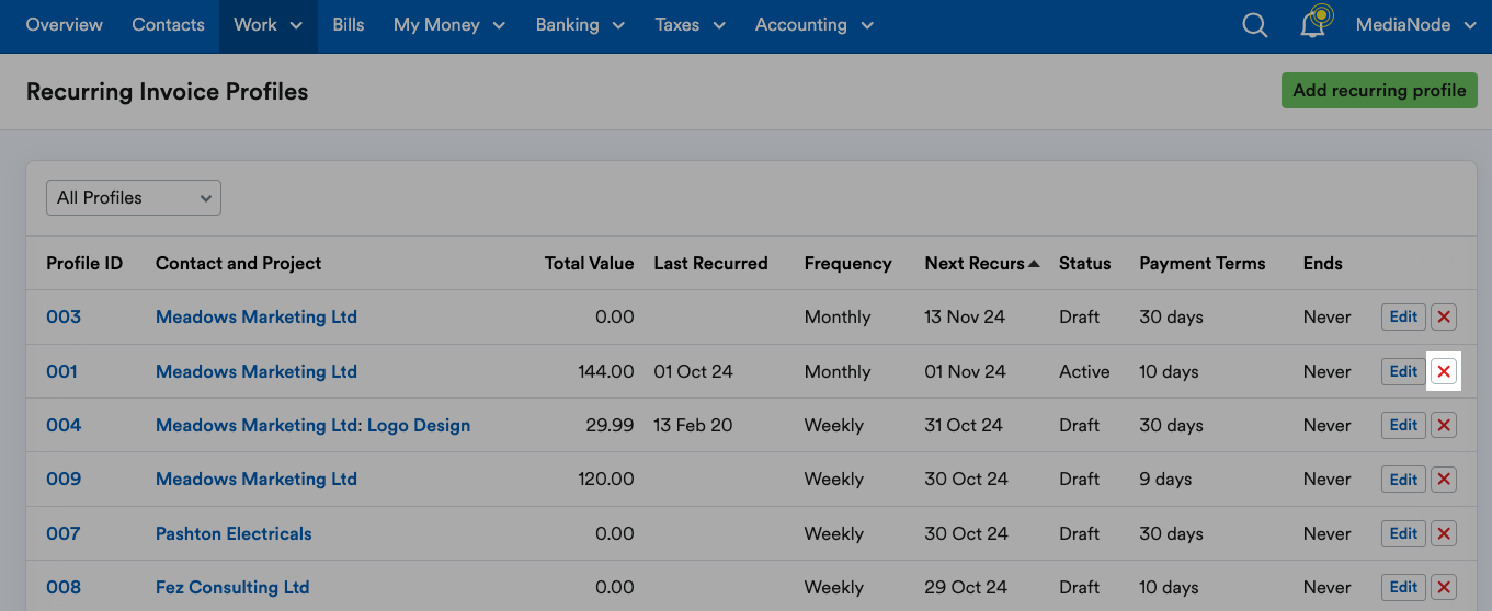 Deactivate or stop a recurring invoice profile – FreeAgent