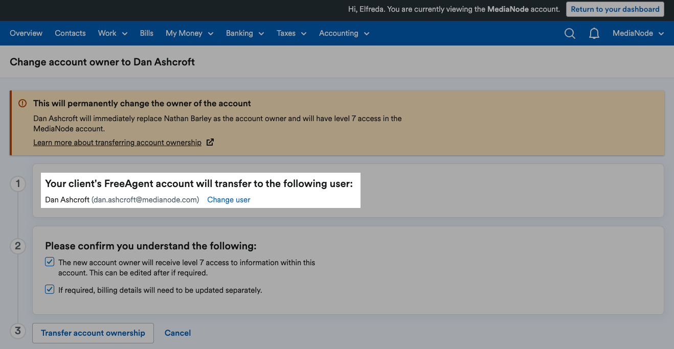 Change the account owner in a client’s account – FreeAgent