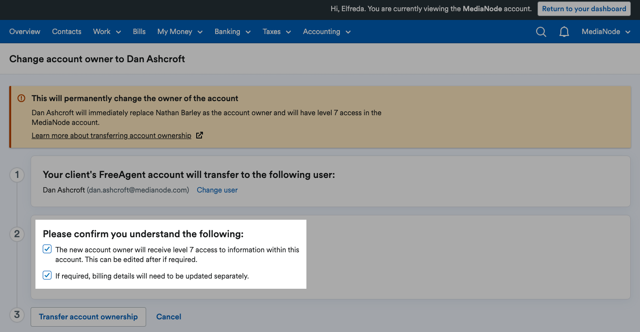 Change the account owner in a client’s account – FreeAgent
