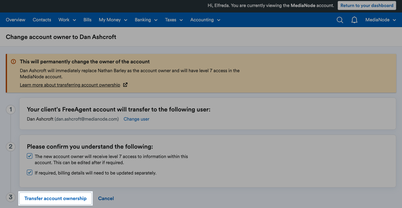 Change the account owner in a client’s account – FreeAgent
