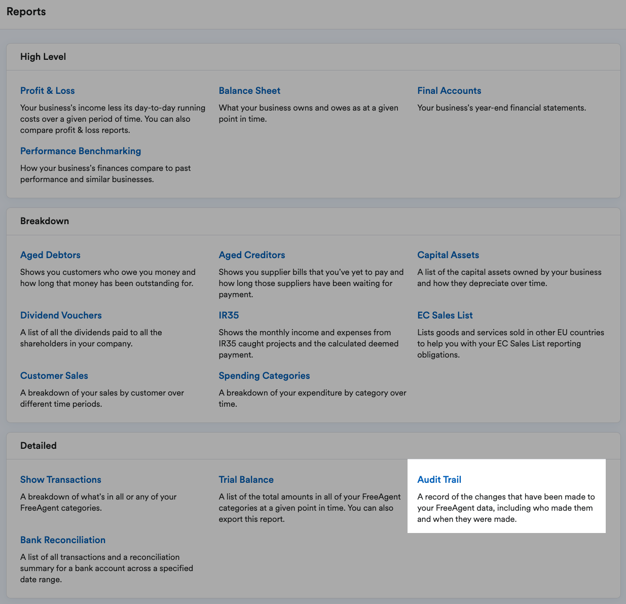 Audit Trail report – FreeAgent