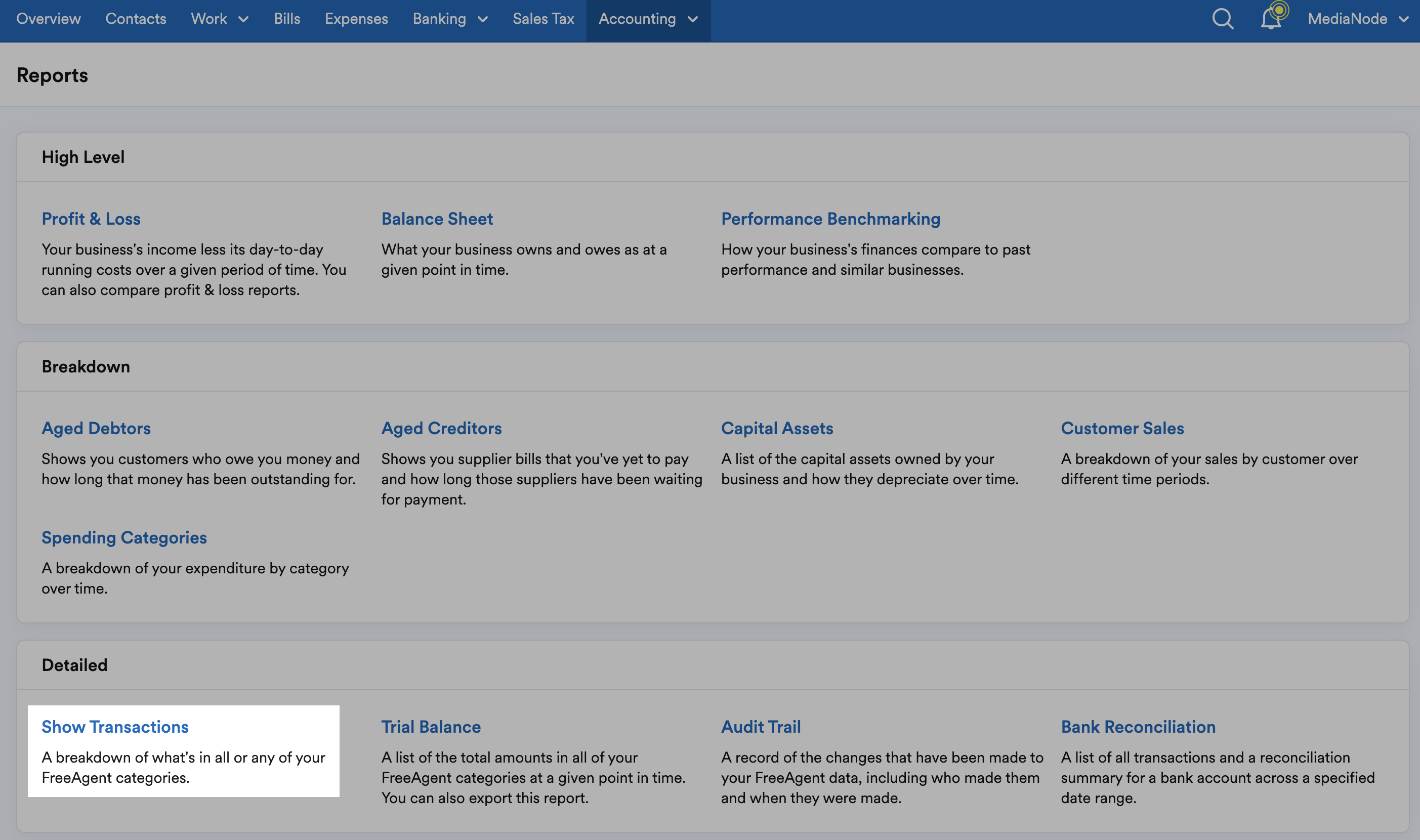 Show Transactions report – FreeAgent