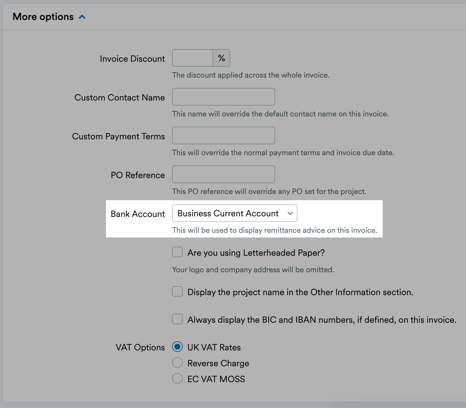 Change the bank details displayed on an invoice – FreeAgent