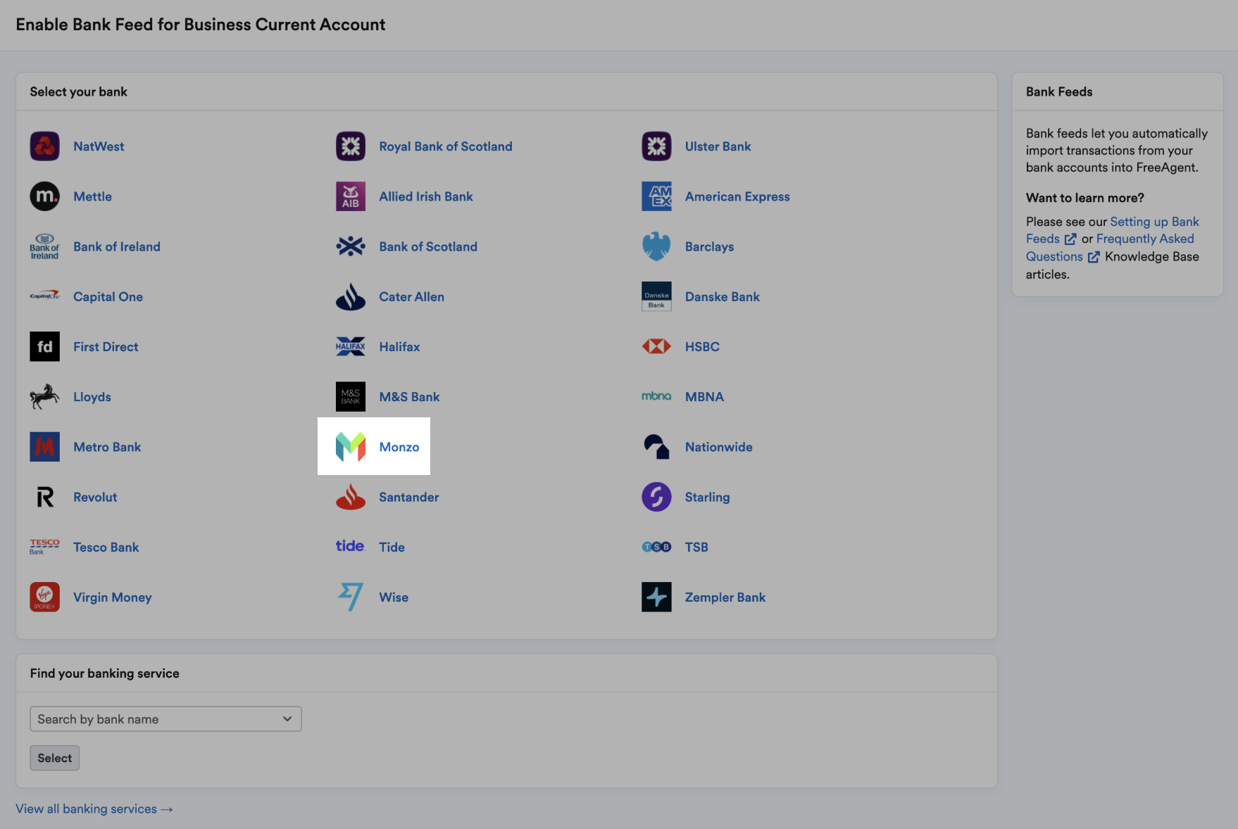 Set up a bank feed integration with Monzo – FreeAgent