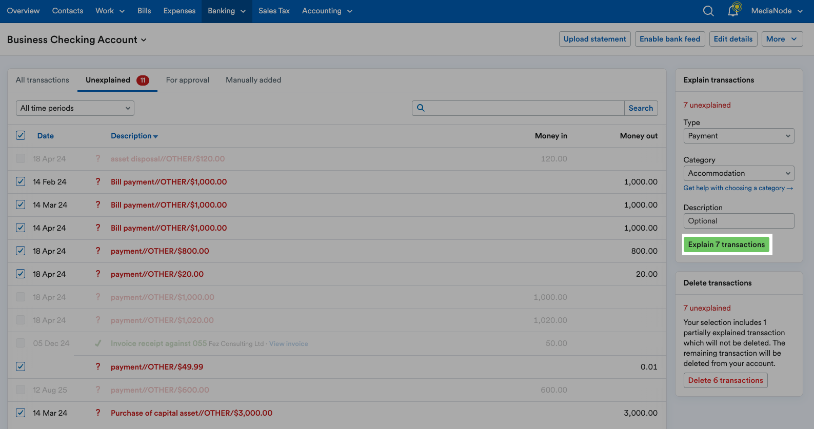 Explain multiple bank transactions in bulk – FreeAgent
