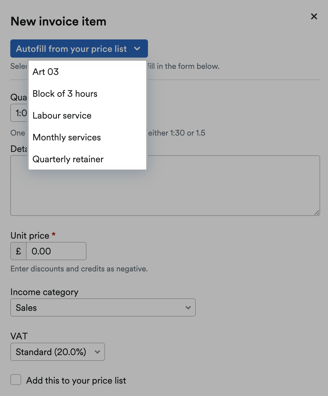 Add a price list item to an invoice or estimate – FreeAgent