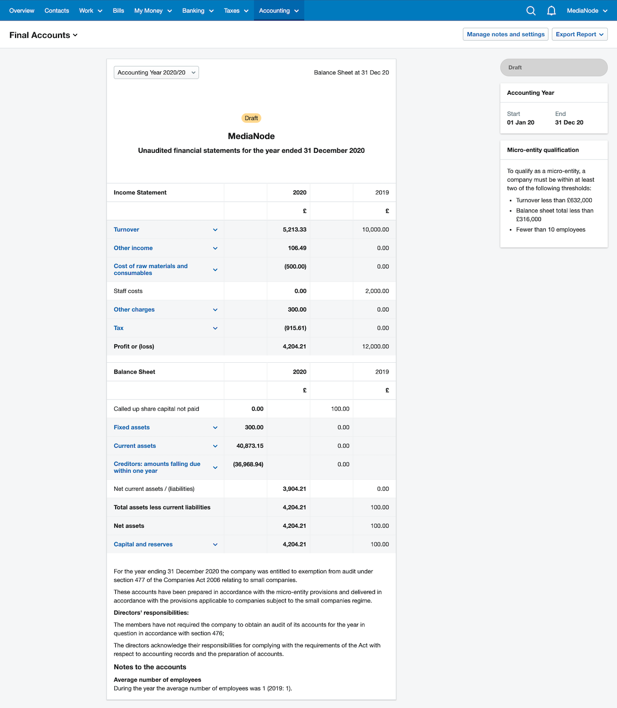 The Final Accounts Report For Micro entities FreeAgent
