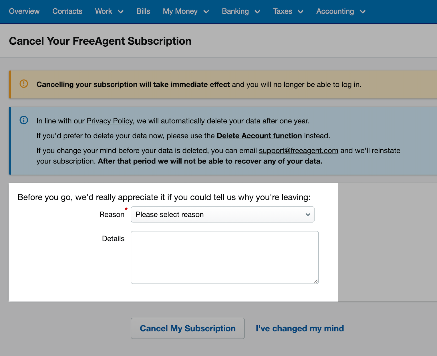 Cancel your FreeAgent subscription – FreeAgent