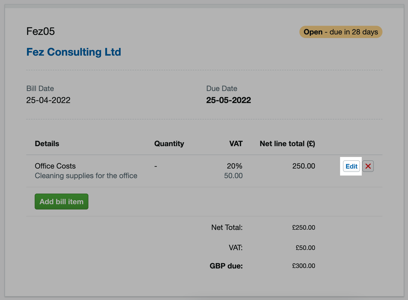Edit or delete line items on a bill – FreeAgent