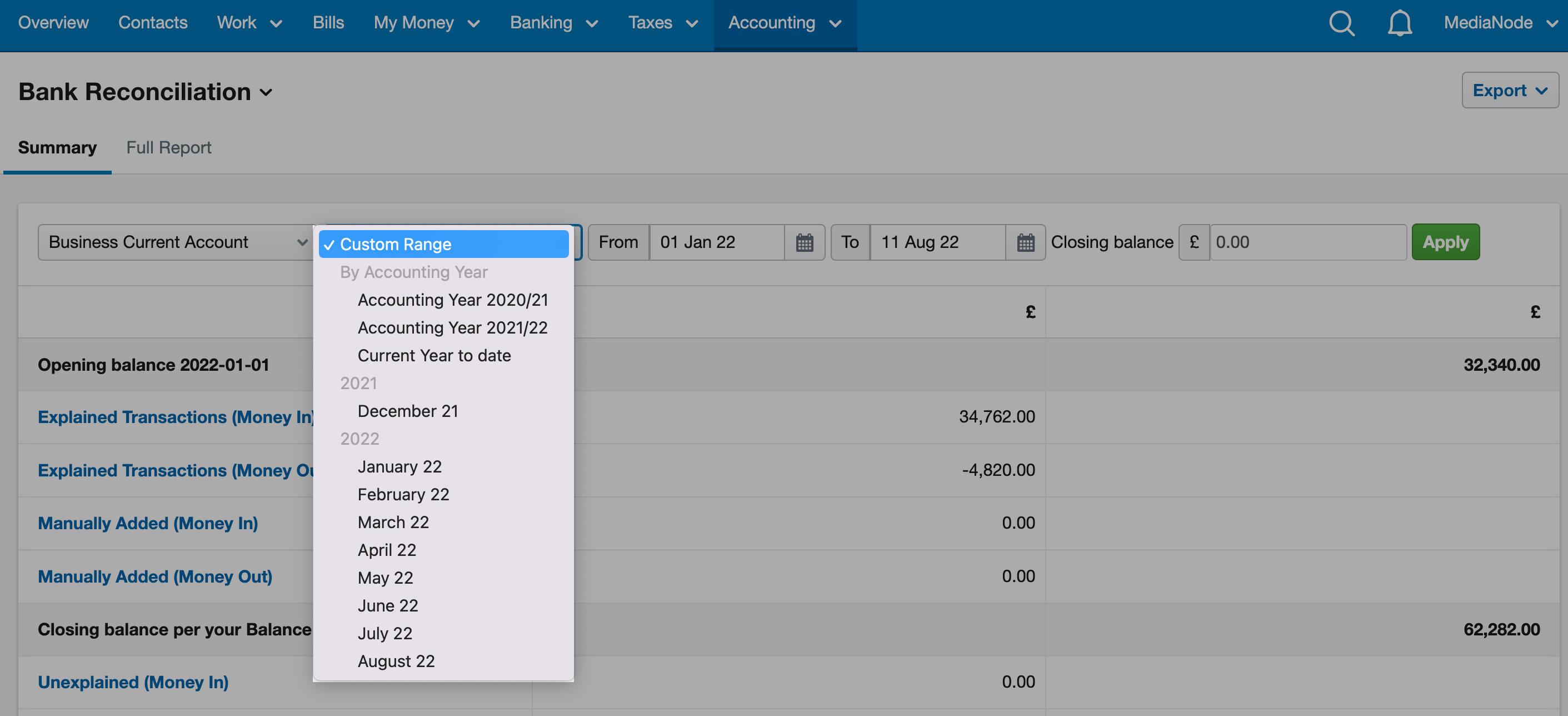 Bank Reconciliation report – FreeAgent